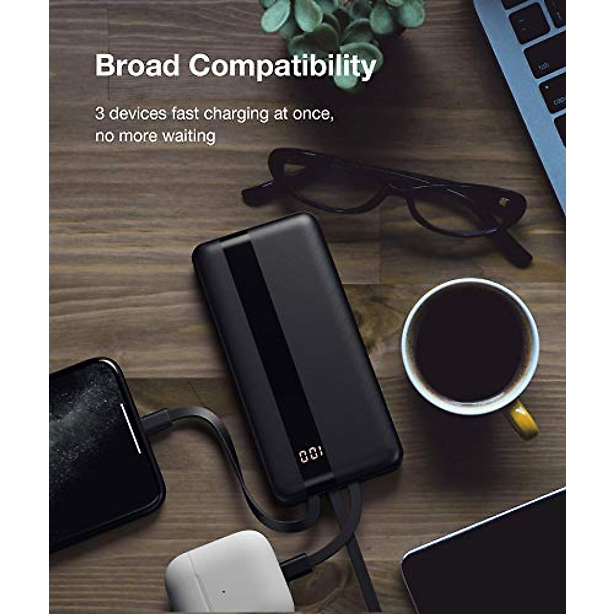 Portable Charger,SANAG 10000mAh Power Bank Built-in USB C/Micro USB Cables,LCD Display Ultra Slim Fast Charging External Phone Battery Pack Compatible with iPhone iPad Samsung Pixel and More