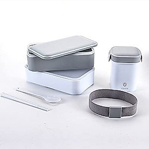 Back to School Students Adults Lunch Box for Men Japanese Bento Box 2 Tier Lunchbox Stackable Food Container with Built-in Utensil Set Insulated Lunch Bag Soup Mug Compartment for Office Work Camping