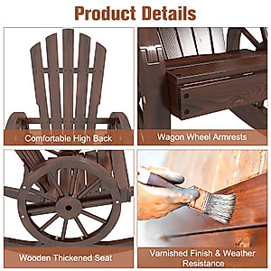 ide·o Outdoor Wood Wagon Bench - with Wheel Armrest Rustic Fir Wooden Patio Lounge Rocker for Patio Garden Country Yard