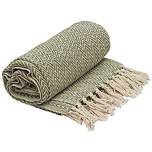 SouvNear Throws - 65 x 52 Inch Hand-Woven 100% Cotton Throw Blanket Lime Green & White Reversible with Tassels Throws for Couch Sofa Chair - Home Decor Furnishings