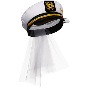 Abaodam Bride Captain Hat with Veil White Yacht Hat Wedding Bridal Party Hat Nautical Hair Accessories Cosplay Costume for Women Girls Bachelorette Party Decor