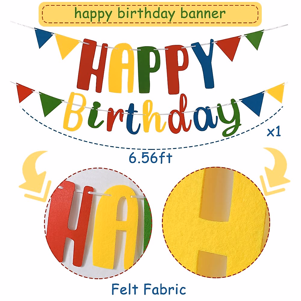 Happy Birthday Banner, Pennant Happy Birthday Sign, Reusable Felt Fabric Happy Birthday Garland, Red, Green and Yellow Birthday Banner for Kids Women Men Birthday Party Decorations