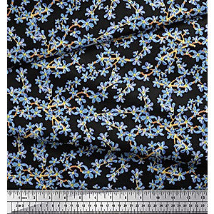 Soimoi Black Cotton Canvas Fabric Forget Me Not Bush Floral Print Fabric by The Yard 58 Inch Wide