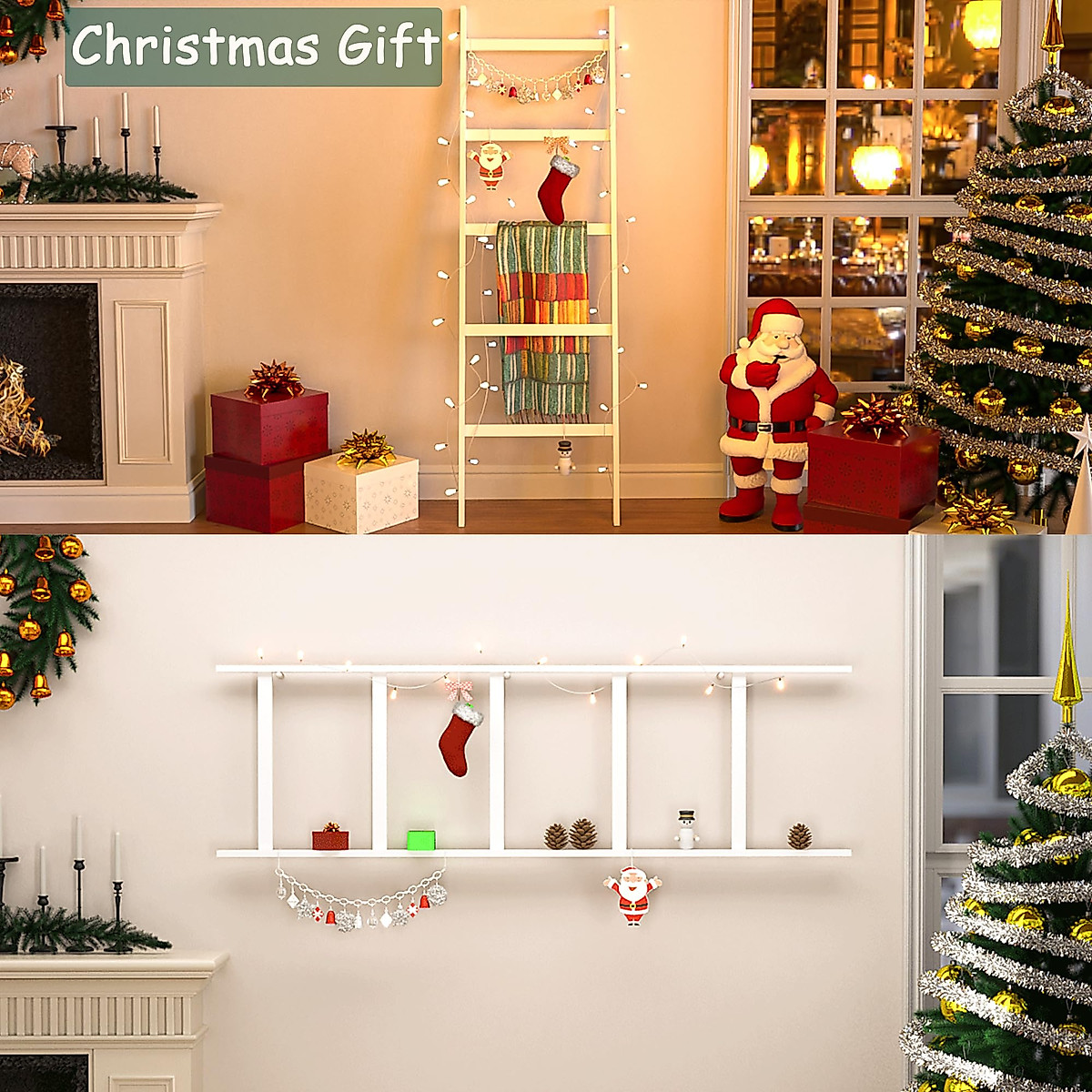 POXAKA Blanket Ladder, 5-Layer Towel Racks, Blanket Holder with Anti-Slip Construction Home Decor, Decorative Blanket, Quilt, Towel, Scarf Ladder Shelves for Living Room, Bedroom, Bathroom, White