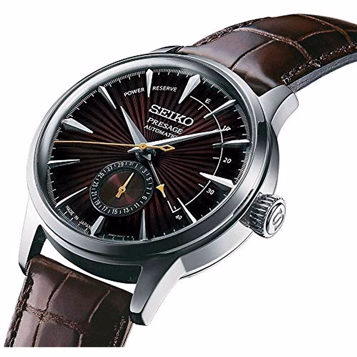 SEIKO PRESAGE Power Reserve"Black Cat Martini" Brown Dial Leather Watch SSA393J1