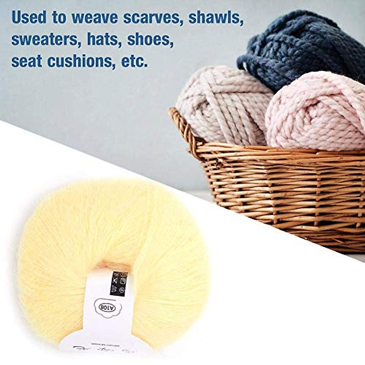 Yarn Mohair E11Wool Yarn for Knitting Soft Mohair Knit Long Wool Yarn DIY Scarf Crochet Thread Supplies (with A Crochet)(Light Yellow)