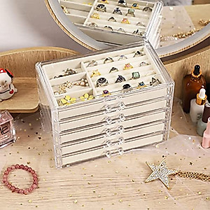 Cq acrylic Jewelry Organizer with 5 Drawers Clear Acrylic Jewelry Box Gift for Women Mens kids and Little Girl Stackable Velvet Earring Display Holder for Earrings Ring Bracelet Necklace Holder,Beige