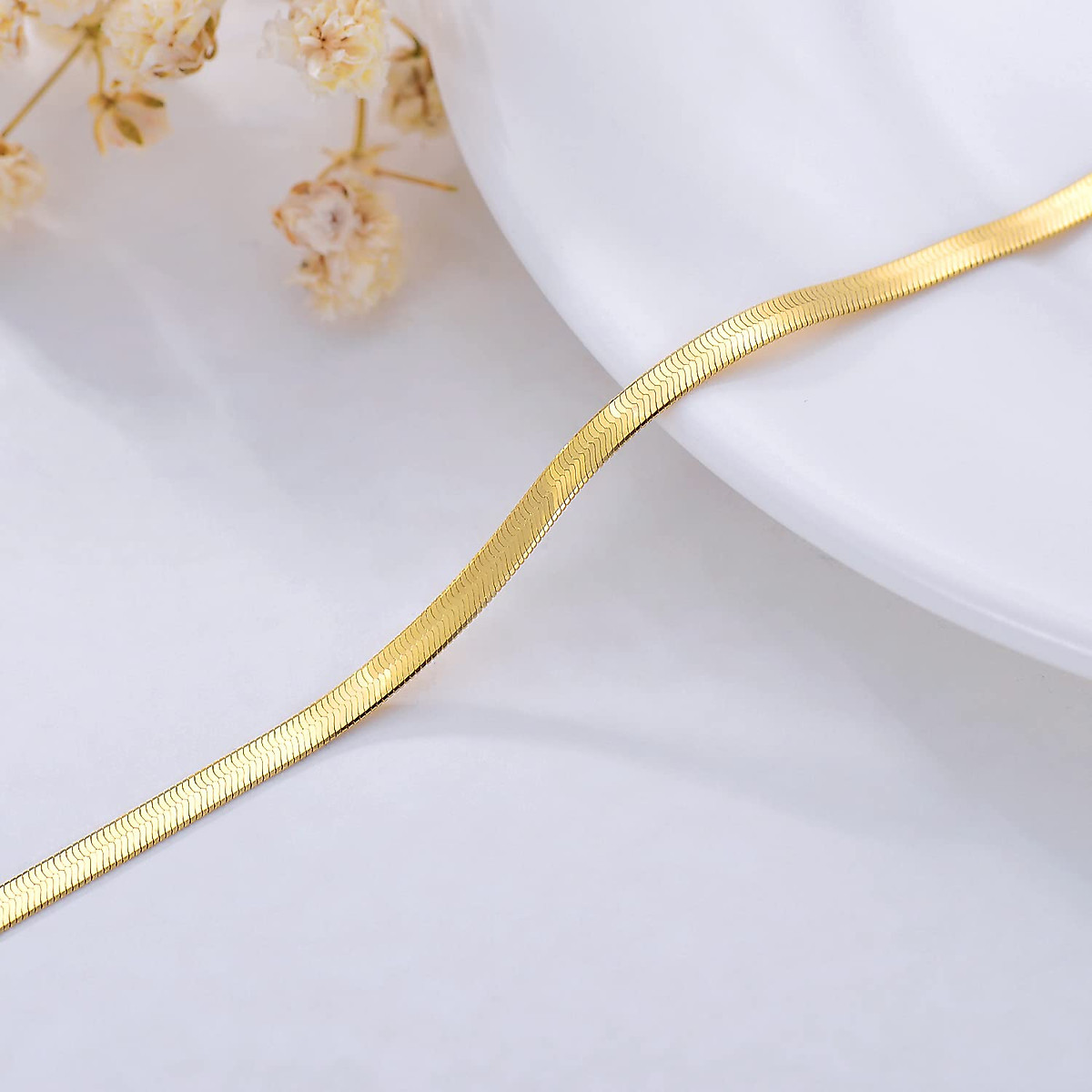 18K Solid Gold Herringbone Chain Bracelet for Women, 2.4mm Gold Italian Herringbone Link Chain Jewelry Gift for Mom, Wife, 7Inch