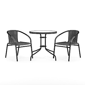 Flash Furniture 3-Piece Patio Dining Set with Round Glass Metal Table and 2 Stackable Rattan Chairs, Indoor/Outdoor Bistro Table and Chairs Set, Gray