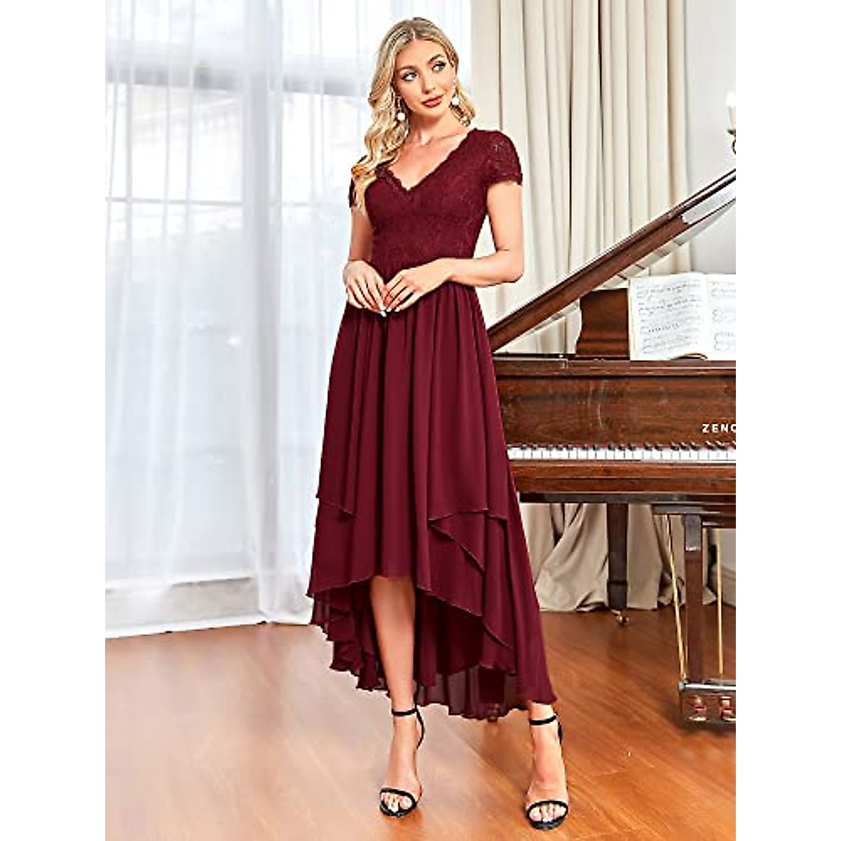 Ever-Pretty Women's A-Line Short Sleeves High Low Chiffon Formal Wear Dress Burgundy US8