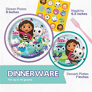 Unique Gabby's Dollhouse Party Supplies | Gabby Dollhouse Party Supplies | Gabby Doll House Party Supplies | Officially Licensed | Banner, Tablecover, Plates, Napkins, Button | Serves 16 Guests