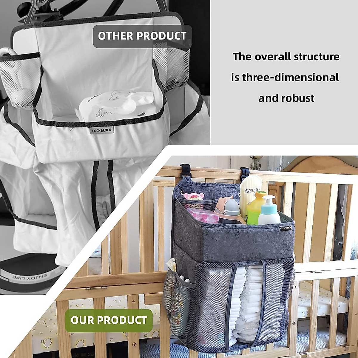 Clearworld Hanging Diaper Caddy Organizer,Diaper Stacker and Crib Organizer,Upgrade Thicken Nursery Organizer for Changing Table, Crib, Wall & Bassinet, Baby Essentials Storage (Gray)