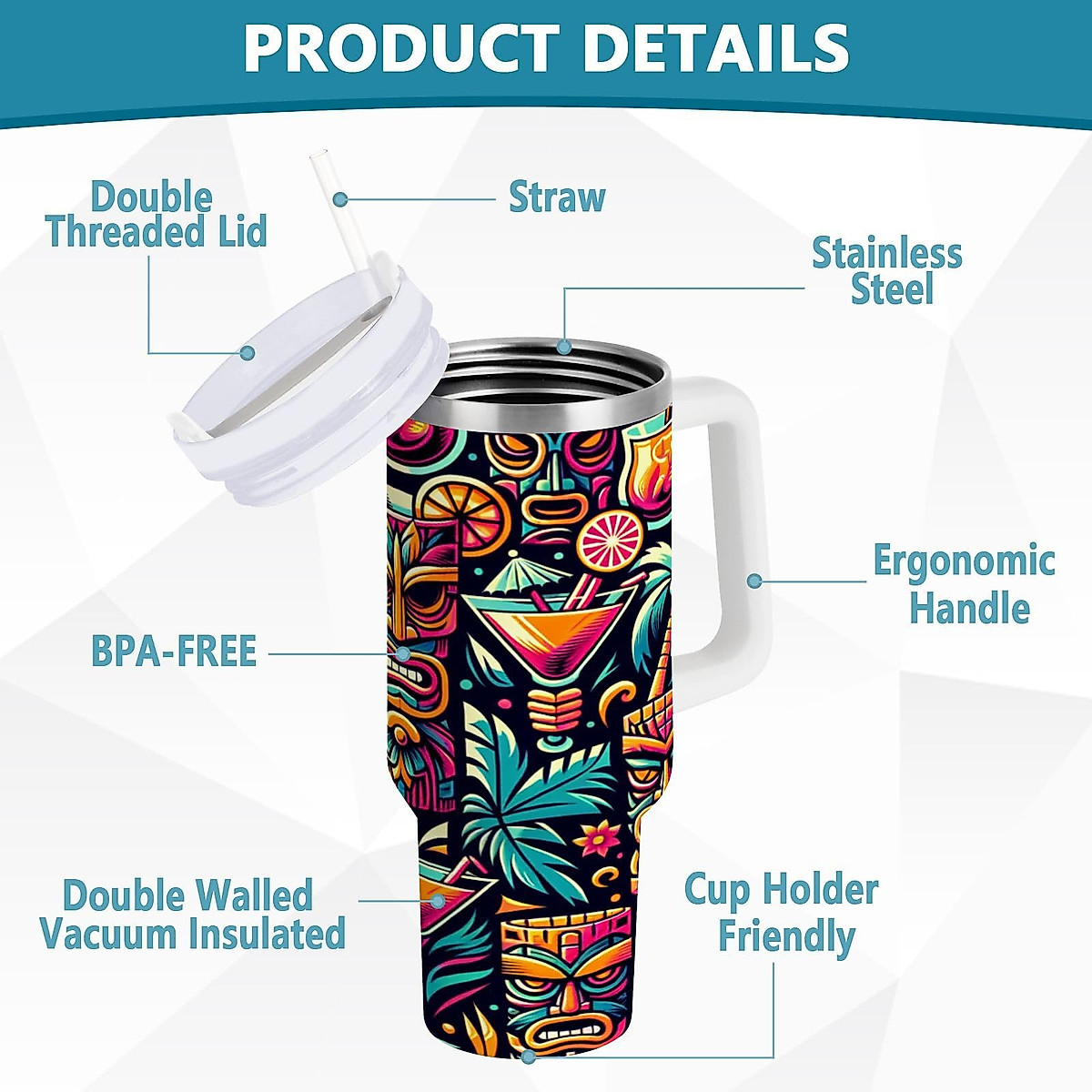 Jihqo Mexican Tropical Palm Trees 40 oz Stainless Steel Vacuum Insulated Tumbler with Handle and Straw Lid, Leakproof Water Bottle Double Wall Travel Mug Coffee Cup, Cupholder Friendly