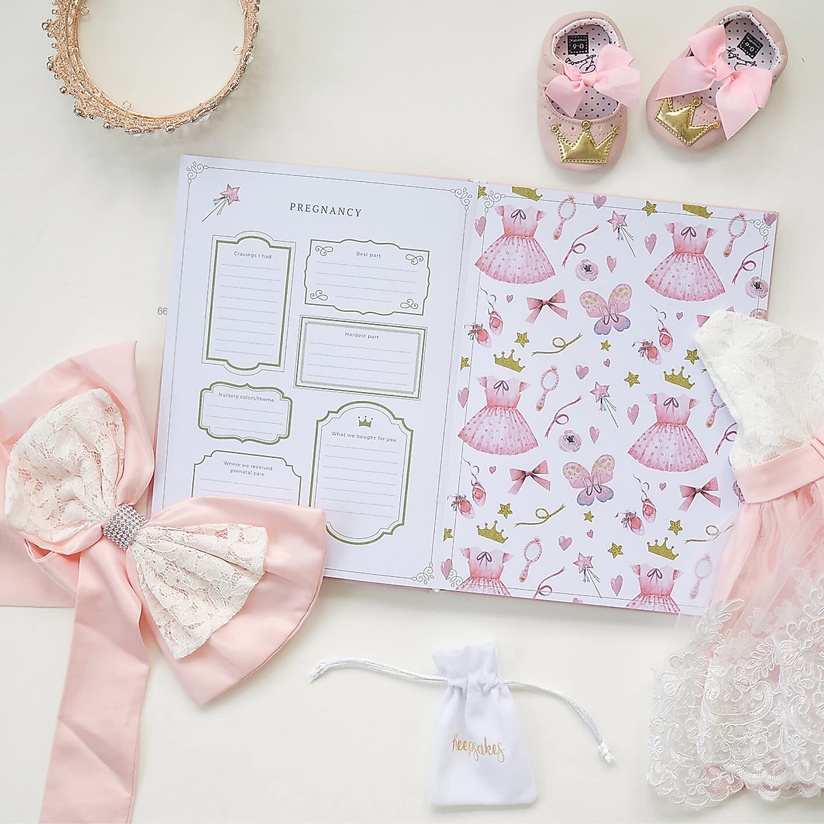 Rayne Baby Princess Baby Memory Book Kit. Baby Journal Scrapbook with Keepsake Box, Pouches and Boho Milestone Stickers. Girl Baby Album First Year to 5. Princess Baby Gift for Girl or Boy
