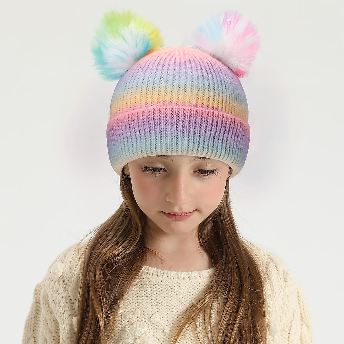 ACTLATI Kids Winter Knitted Beanie Hat Colorful Pompom Ears Ski Hat for Boy Girl(Ages 7-12)