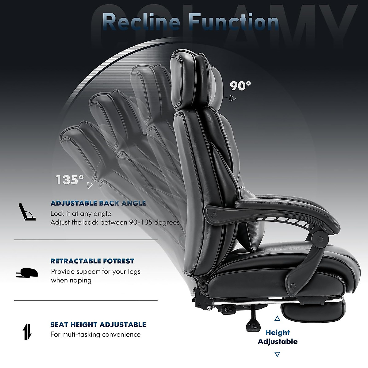 Office Chair with Footrest-Ergonomic Computer Chair with Extra Lumbar Support Pillow, High Back Executive Desk Chair Thick Bonded Leather, Large Home Office Work Chair with Wide Seat for Comfort-Black