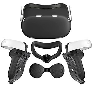 Relohas Accessories for Oculus/Meta Quest 2, Touch Controller Grip Cover, Front Face Protector Cover, Silicone Face Cover with Lens Protective Cover, Protect Your VR in All Aspects(4PCS, Black)