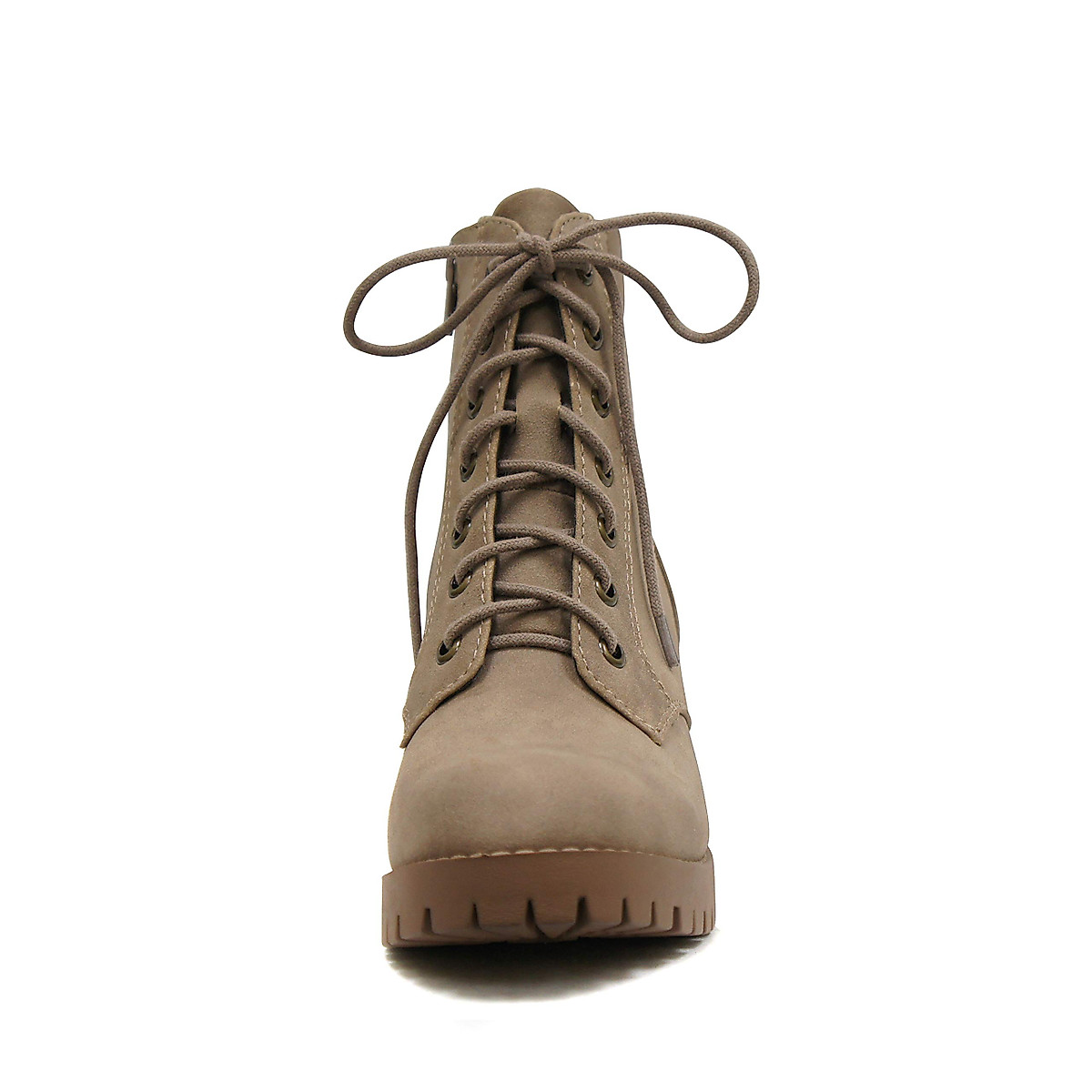 Soda Women's Casual Fashion Ankle-High Combat Bootie With Zipper and Chunky Block Heel in Light Taupe Size 8