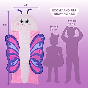 Bixbee Kids Sleeping Bag, Soft Sleepy Sack for Kids & Toddlers | Easy Roll Up Design for School, Daycare + Naptime, 60 x 22 Inches | Cozy Slumber Bag w Lining | Butterfly Sleeping Bag for Girls + Boys