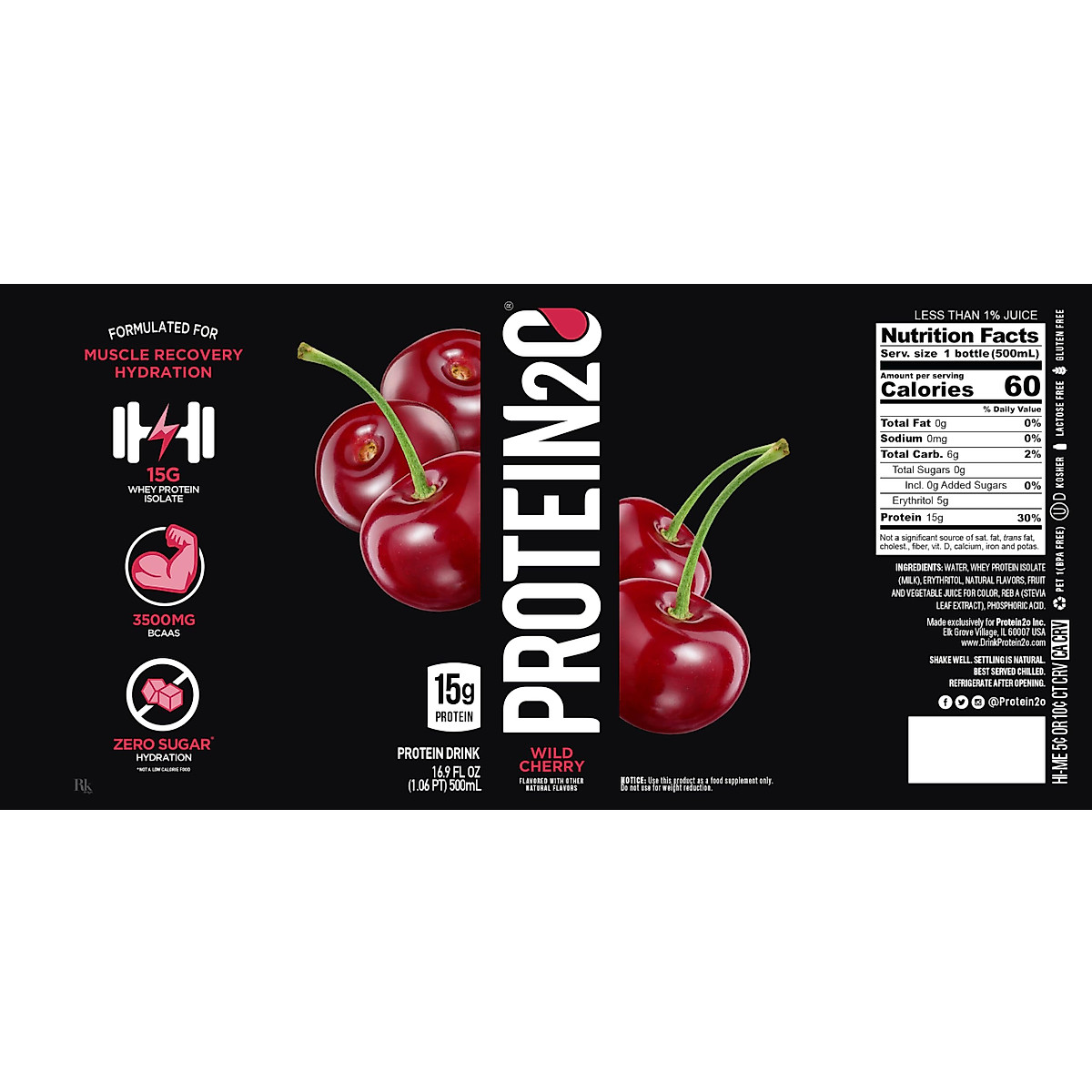 Protein2o 15g Whey Protein Isolate Infused Water, Ready To Drink, Sugar Free, Gluten Free, Lactose Free, No Artificial Sweeteners, Wild Cherry, 16.9 Fl Oz (Pack of 12)