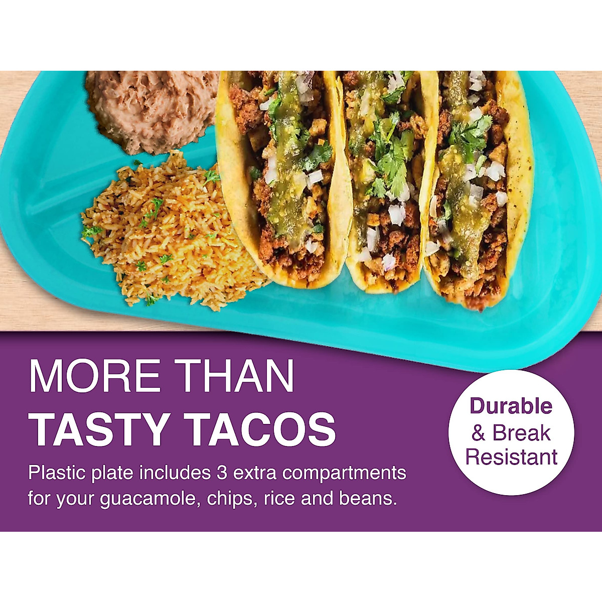 Arrow Home Products Fiesta Taco Plate, 4 Pack - Each Plate Includes 3 Taco Holders Plus 2 Compartments - BPA Free Plastic, Made in the USA, Dishwasher Safe - Teal Blue
