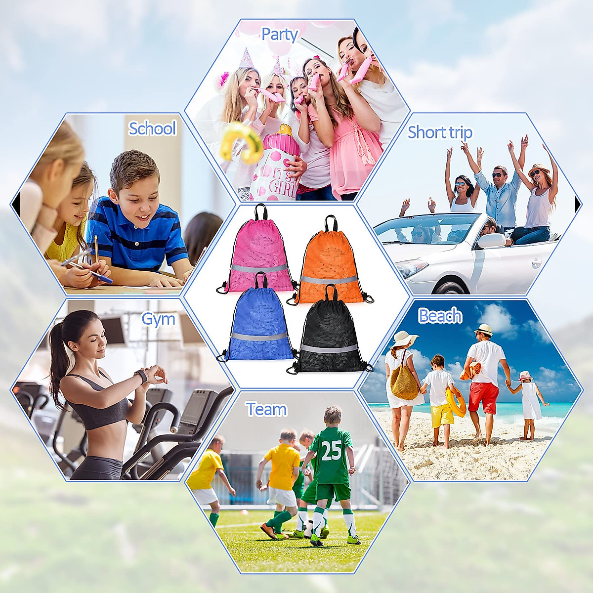 4 Pcs Summer Reflective Large Mesh Drawstring Bag with Zipper Pocket Net Quick Drying Swimming Bag Beach Soccer Mesh Backpack Foldable Swim Gear Bag for Adults Teens Sports Gym Equipment, 4 Colors