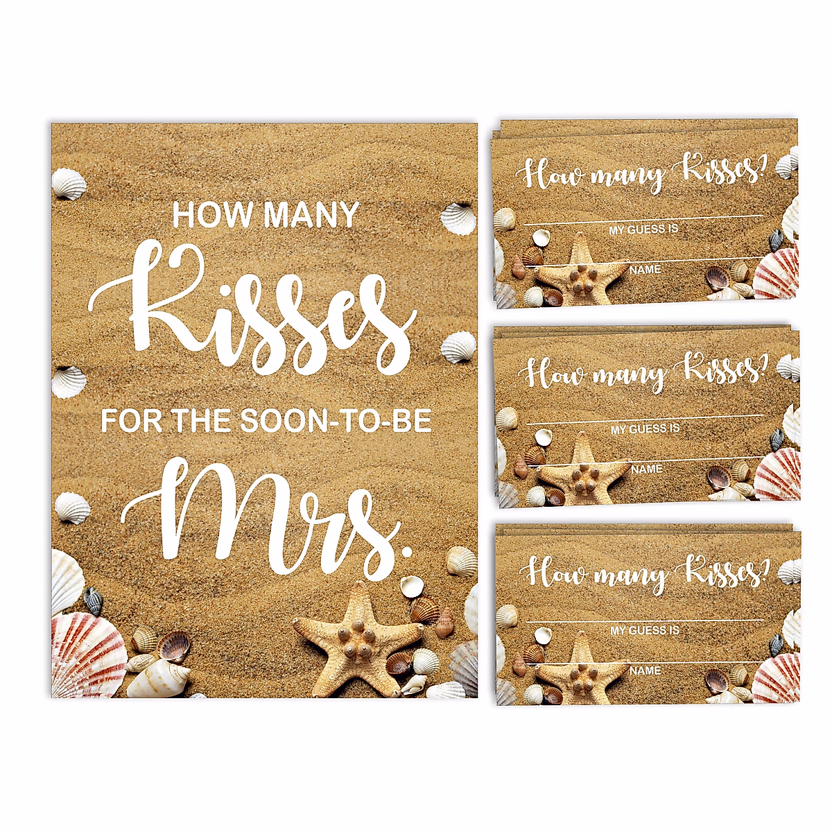 Inkdotpot 1 Sign + 30 Cards How Many Kisses for The Soon to Be Mrs White Beach Bridal Shower Game