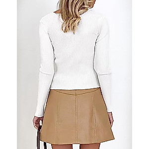 ZESICA Women's 2023 Long Sleeve Square Neck Shirts Fall Clothes Slim Fitted Ribbed Knit Sweater Basic Tee Tops,White,Large