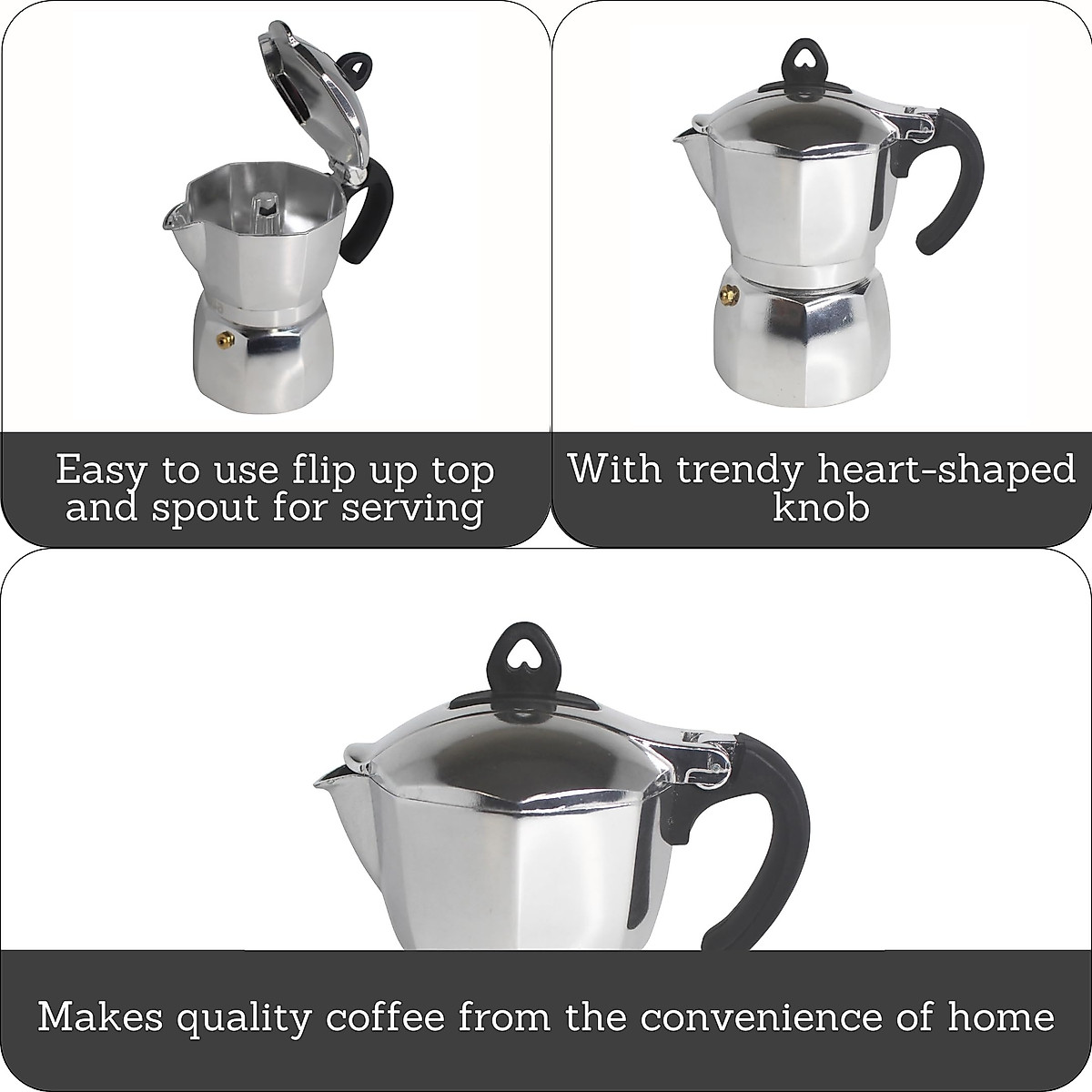 Imusa 3 Cup Stovetop Espresso Maker with Heart Shaped Knob, Silver