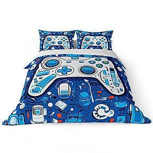 Placitiume Teen Boys Gamer Comforter Cover Set - Gaming Bedding Set with Gamepad Design Duvet Cover Set, Video Game Theme 3 Piece Set with 2 Pillowcases for Bedroom Bed Decor, No Comforter