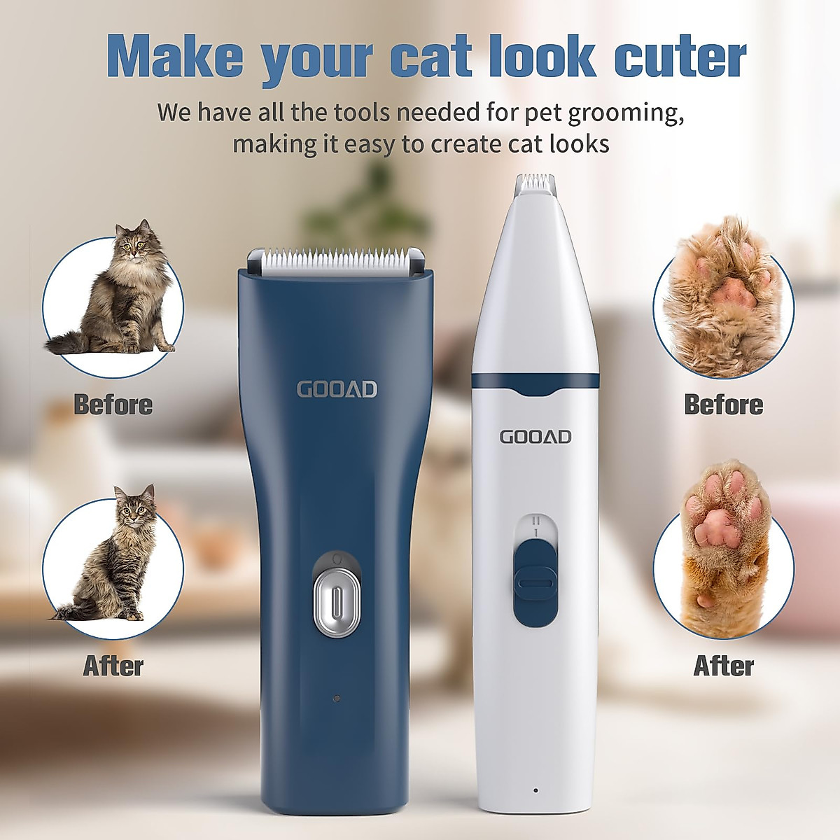 Gooad Cat Clippers for Matted Hair, Quiet Cat Shaver for Long Hair, Cordless Cat Hair Trimmer for Grooming, Cat Paw Trimmer Nail Grinder,Pet Shaver Cat Grooming Kit for Cats Small Dogs Animals(Blue)