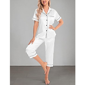 SWOMOG Satin Pajama Set Women Silk Pjs Set Short Sleeve 2 Piece Button Down Sleepwear Lounge Sets White