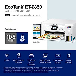 Epson EcoTank ET-2850 Wireless Color All-in-One Cartridge-Free Supertank Inkjet Printer, White - Print Scan Copy - 1.44" LCD Display, 10 ppm, 4800 x 1200 dpi, 2-Sided Printing, Voice-Activated
