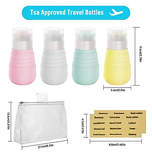 Travel Bottles for Toiletries, Minimalism Collapsible Tsa Approved 3oz Portable Travel Bottles, Silicone Squeezable Leak Proof Travel Size Containers, Travel Essentials with Clear Bag (4Pack)