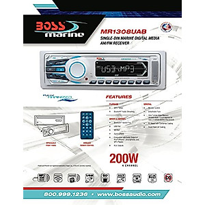 BOSS Audio Systems MR1308UAB Marine Receiver - Weatherproof, Bluetooth Audio, USB, SD, MP3, AM/FM, Aux-in, No CD Player, White, 8.50in. x 8.50in. x 4.00in.