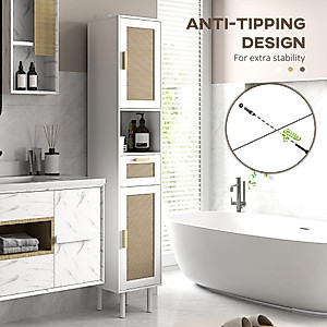 HOMCOM Tall Bathroom Storage Cabinet with Rattan Doors, Freestanding Bathroom Cabinet with Open Shelf, Drawer, Cabinets and Adjustable Shelves for Small Space, White