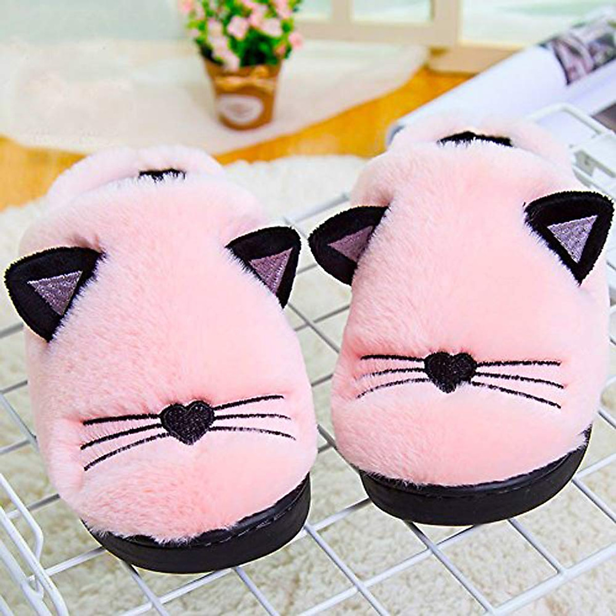 Boys Girls Warm Slippers Kids Family Cute Cat Household Anti-Slip Indoor Home Slippers (12-13 Little Kid, Pink cat)