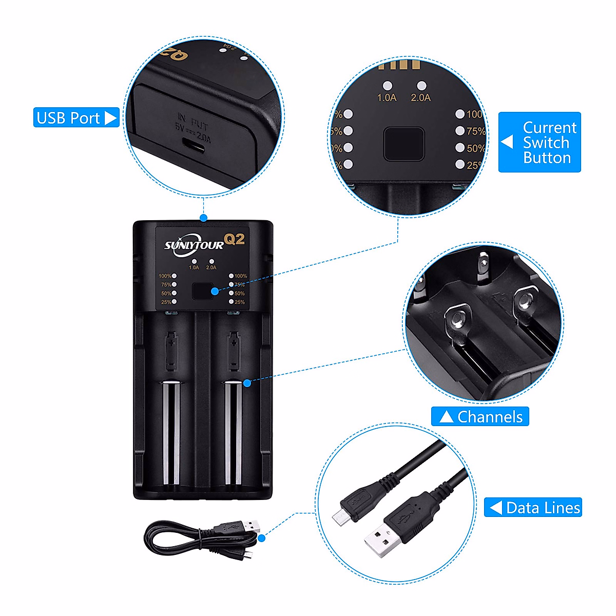 SUNLYTOUR 22650 20700 18650 Battery Charger,Dual USB Battery Charger for 26700 26650 26500 25500 22700 22500 18700 18500 18490 18350 17650 16650 16340(RCR123) 14650 14500 NiMH Ni-Cd Battery