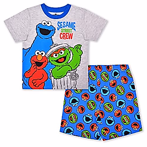 Sesame Street Elmo, Cookie Monster and Oscar Boys T-Shirt and Short Pants Set for Infant and Toddlers – White/Orange/Grey