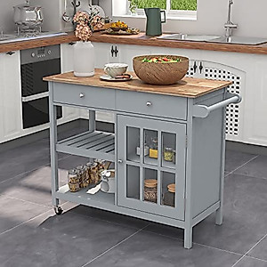 ChooChoo Rolling Kitchen Island, Portable Kitchen Cart Wood Top Kitchen Trolley with Drawers and Glass Door Cabinet, Wine Shelf, Towel Rack, Gray