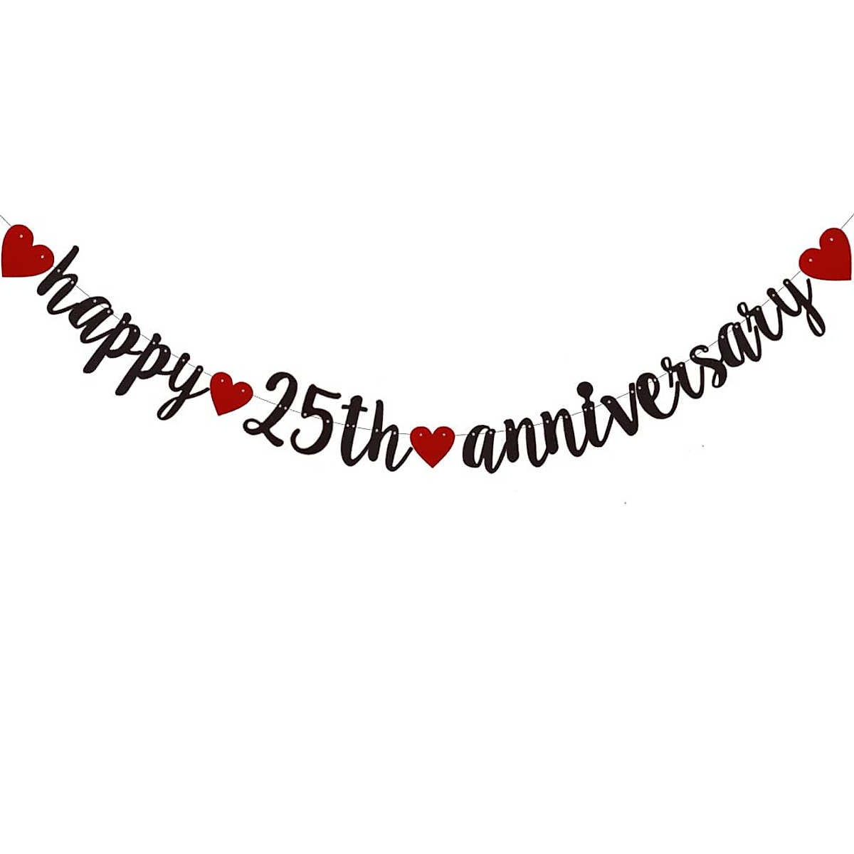 Happy 25th Anniversary Banner, Pre-Strung,Black Glitter Paper Garlands for 25th Wedding Anniversary Party Decorations Supplies, No Assembly Required,(Black)SUNbetterland