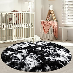 EVOIONOS Round Black and White Rug, Fluffy Circle Rug 4x4 Feet for Kids Room, Shaggy Plush Circular Carpet for Bedroom, Soft Non Slip Floor Mat, Cute Tie Dye Rug, Furry Small Rug for Home Room Decor