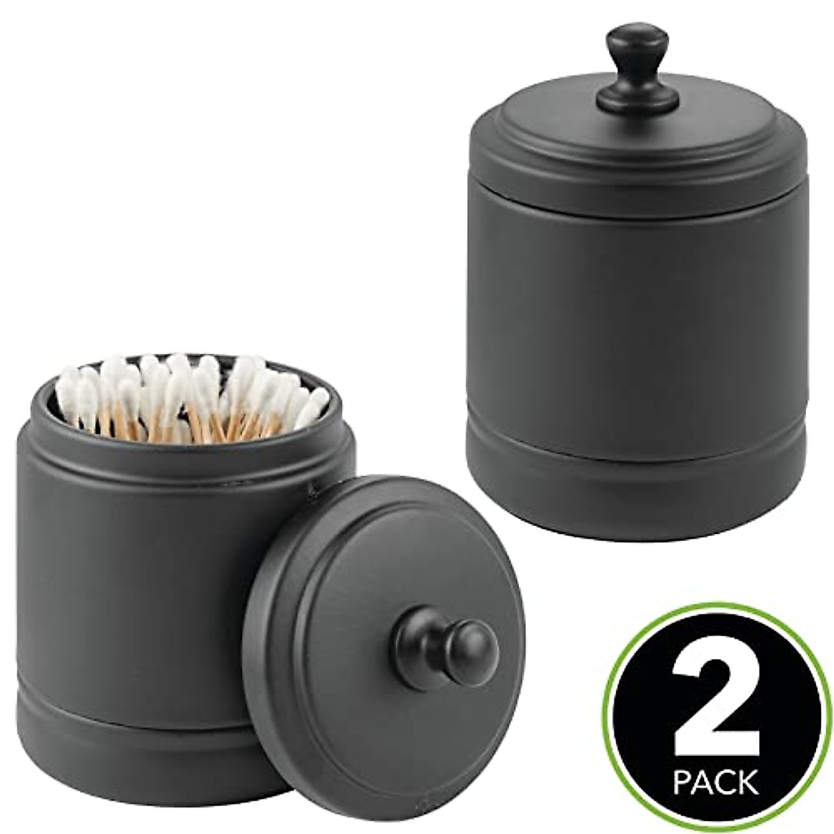 mDesign Metal Bathroom Vanity Storage Organizer Canister Jar with Lid for Cotton Balls, Swabs, Makeup Sponges, Bath Salts, Hair Ties, Jewelry - Hyde Collection - 2 Pack - Matte Black