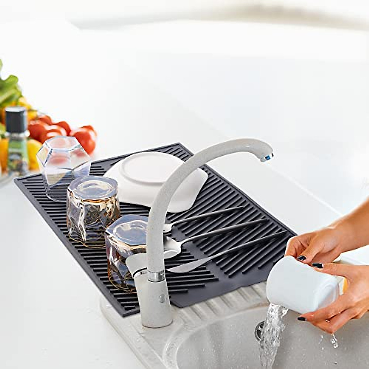 MAOSGO Dish Drying Mat for Kitchen Counter, Silicone Large Dish Drying Pad, Easy Clean Non-slipping Heat Resistant Dish Rack Mat, Foldable Dish Drain Mat Sink Mat, Gray