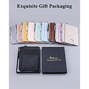 Teskyer Slim Minimalist Wallet, RFID Blocking Credit Card Holder Leather Wallet with Zipper Pocket for Men Women - Lichee Black