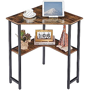 VECELO Corner Computer Desk 33 x 23 inches with Storage Shelves for Small Spaces,Triangular Shape,Brown