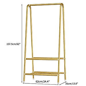 JOISCOPE Gold Metal Clothes Rack, Sturdy and Portable, with Double Layer Shelf for Hanging and Storing Clothes, Shoes, Bags, Umbrellas, Bedroom, Office, Living Room