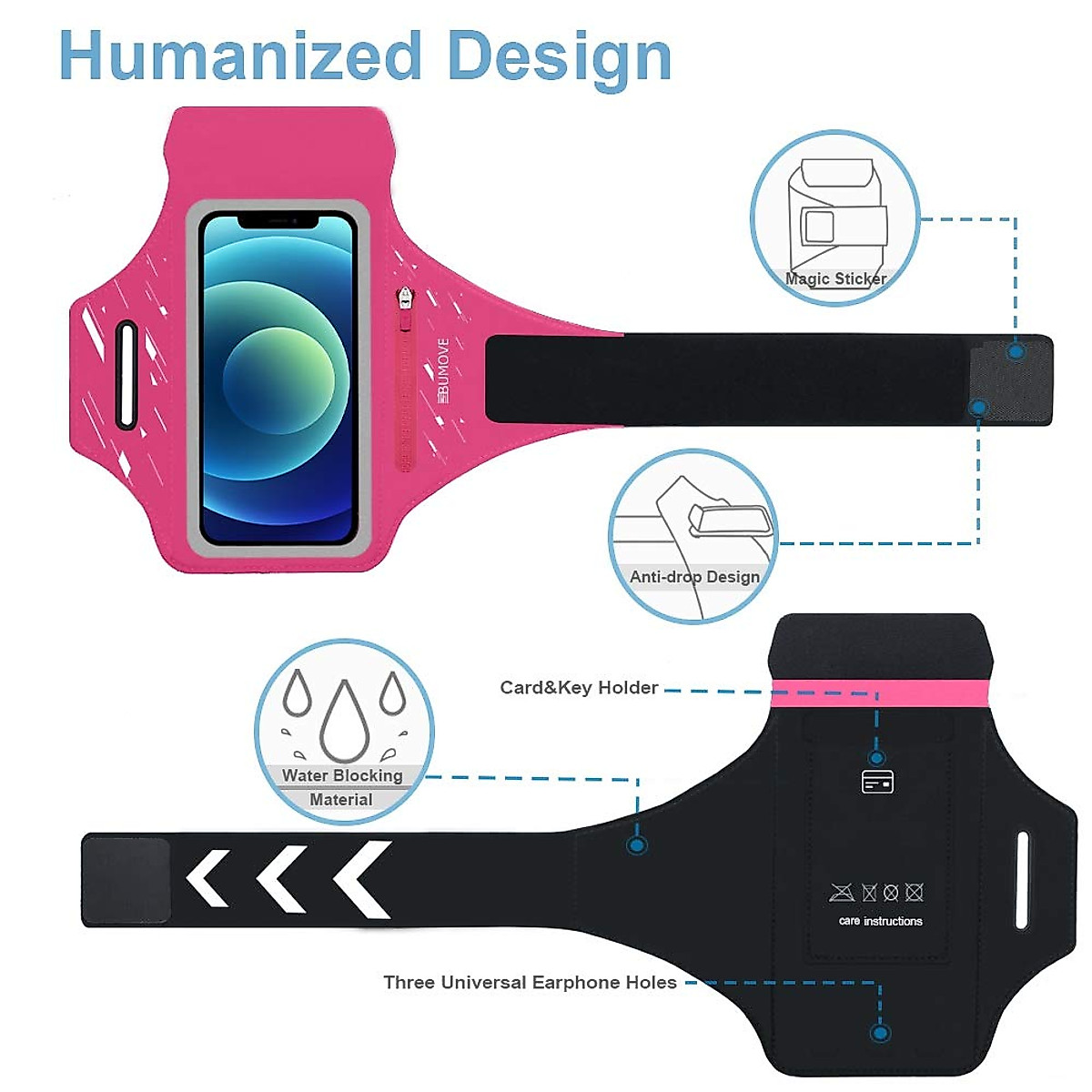 BUMOVE Armband for iPhone 15/14/13/12/11,iPhone 15 Pro/14 Pro/13 Pro/12 Pro/11 Pro with AirPods Holder Gym Running Workouts Arm Band Case (Pink)