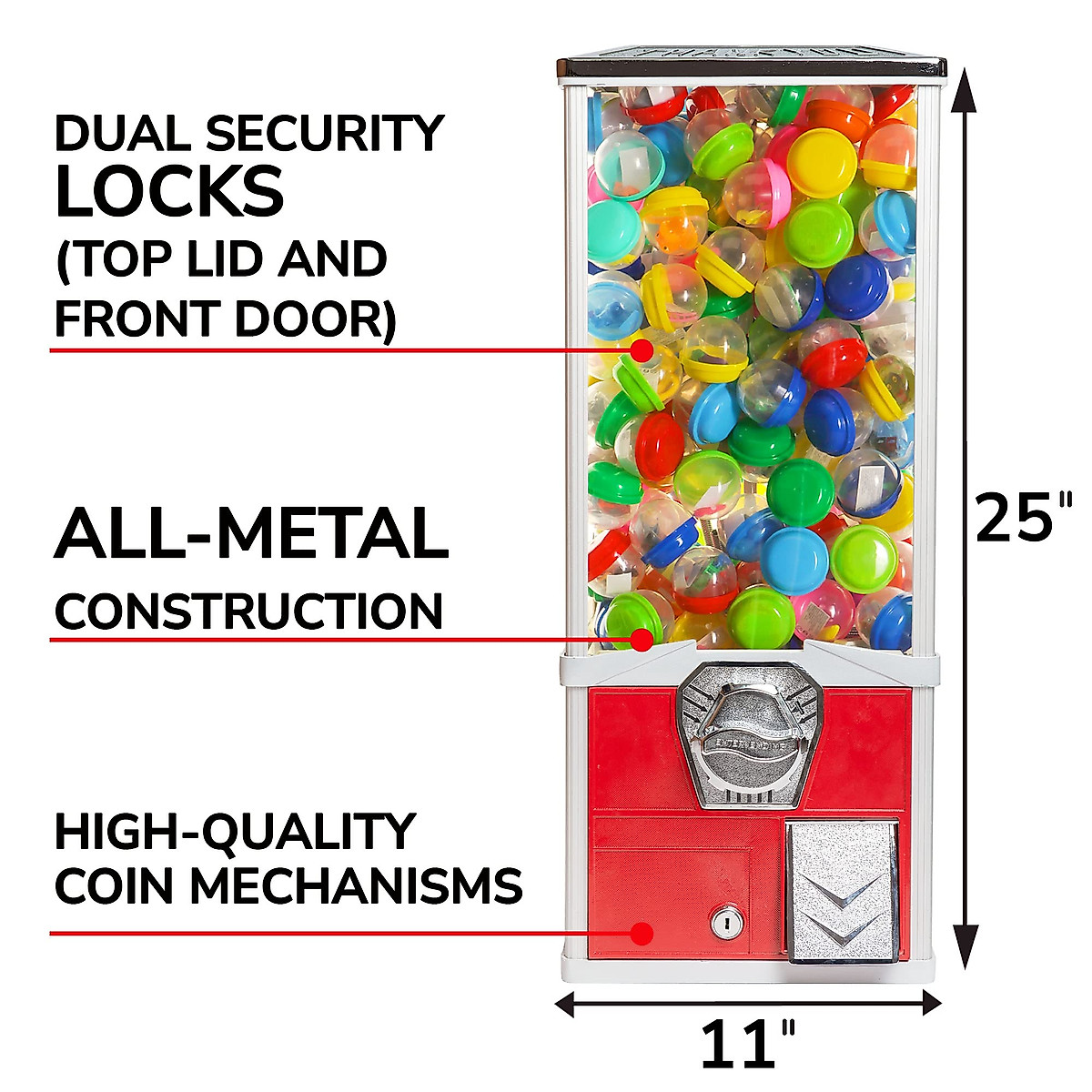 Vending Machine - Big Capsule Vending Machine with Stand - Prize Machine - Commercial Vending Machine for 2 Inch Round Capsules Gumballs Bouncy Balls - Red