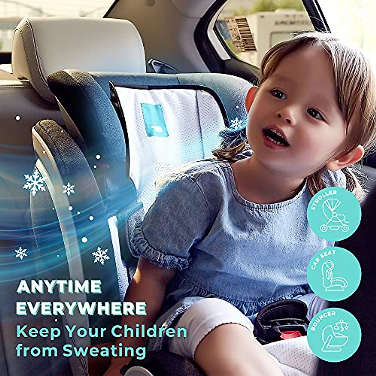 POLED Airluv Car Seat Liner, Absorbs Sweat, Moisture Wicking Wind Proof Fabric, Car Seat Cooling Pad For Toddlers, Kids, Babies, Accessories for Baby in Hot Summer, Button Control- Tiffany